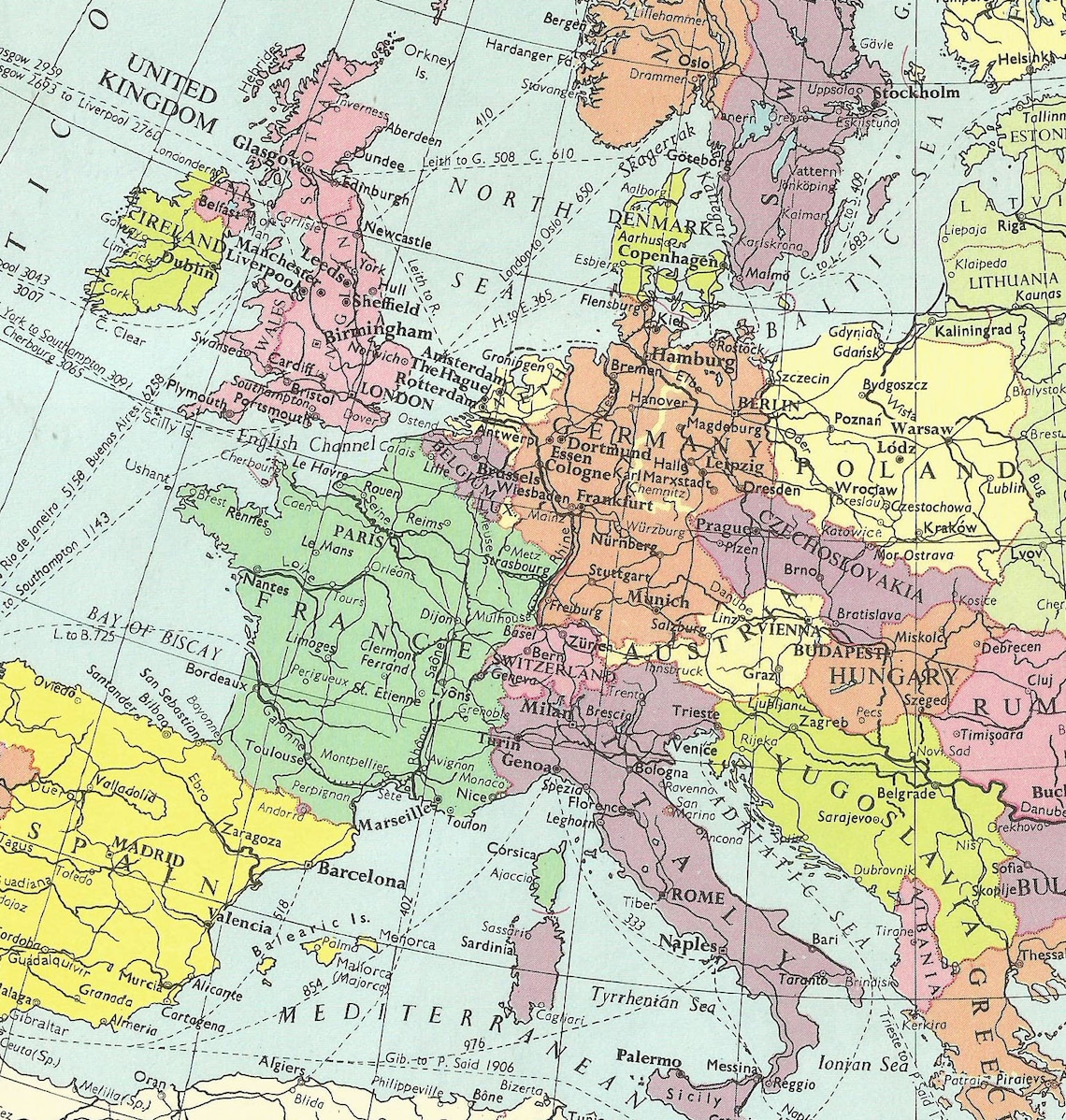 Europe Vintage Map 1961 Cold War Maps Travel Adventure Maps for Home ...