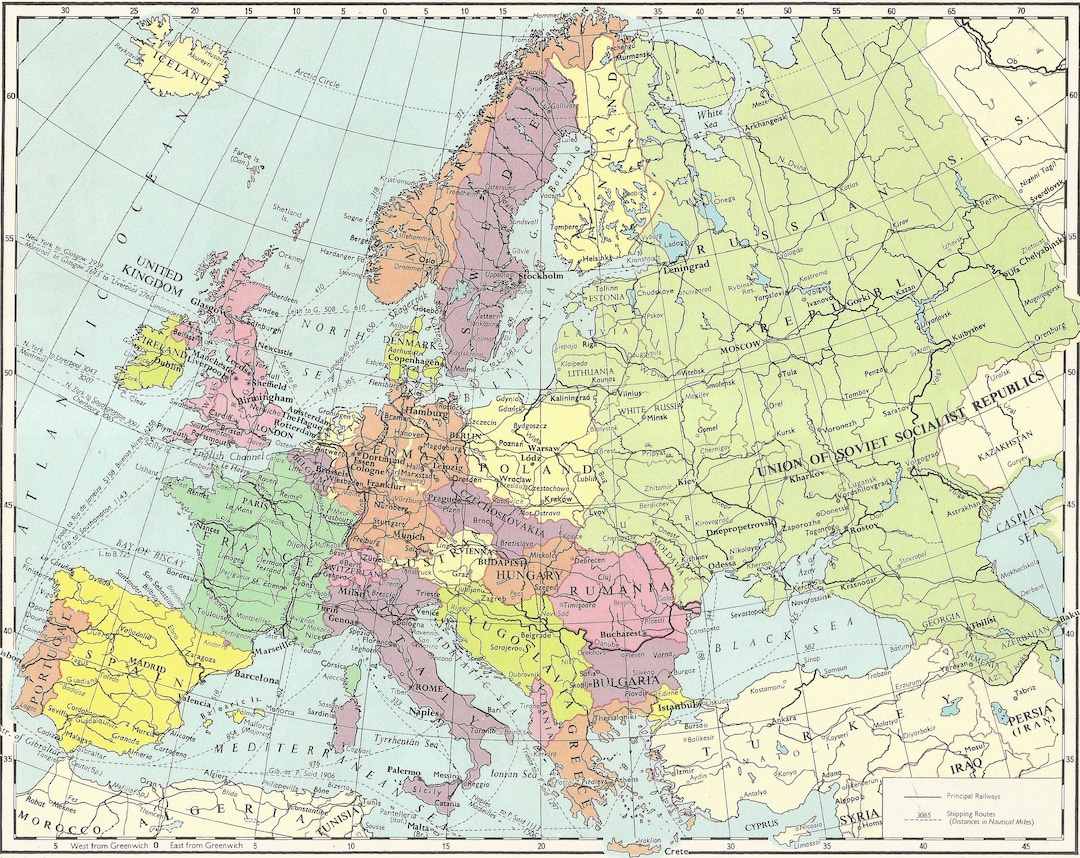 Europe Vintage Map 1961 Cold War Maps Travel Adventure Maps for Home ...