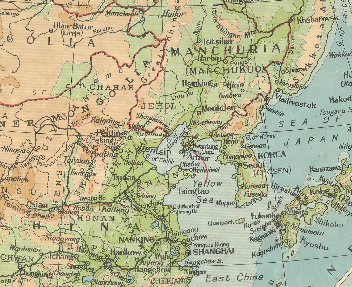 Japan and China Antique Map 1940s Map of the Far East Korea Tokyo ...