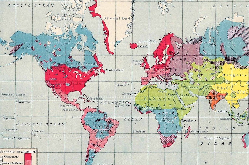 World Religions 1915 Antique Map Diagram Vintage Prints Colour Great ...