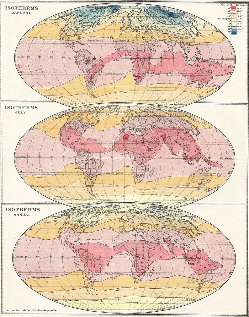 Climatology Chart, Map United Kingdom World 1920s Vintage Prints Prints ...