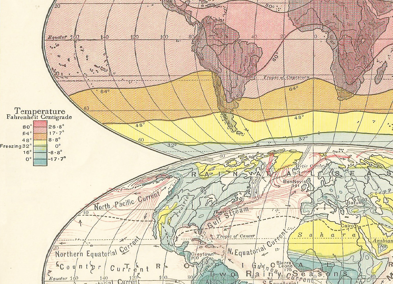 Rainfall and Wind World Map 1920s Travel World Map for Home Decor ...