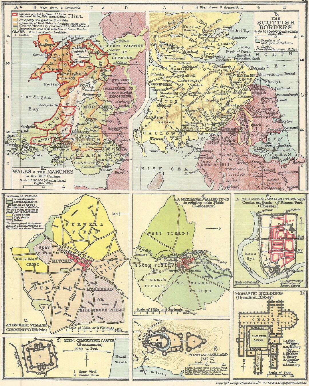 Medieval Map Wales Scotland Boarders Town Map Vintage Map Historical ...