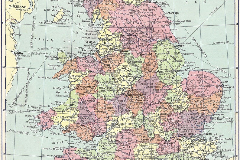 Physical Map of England & Wales 1960s Travel Adventure Maps for Home ...
