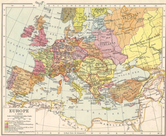 European 1360 Political Map Antique Home Decor Antique Vintage | Etsy