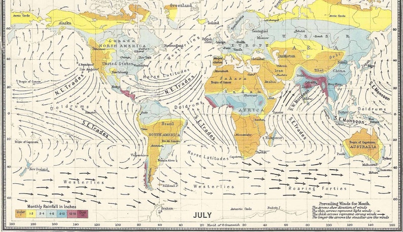 Rainfall and Wind 1940s Travel World Map for Home Decor Vintage Prints ...