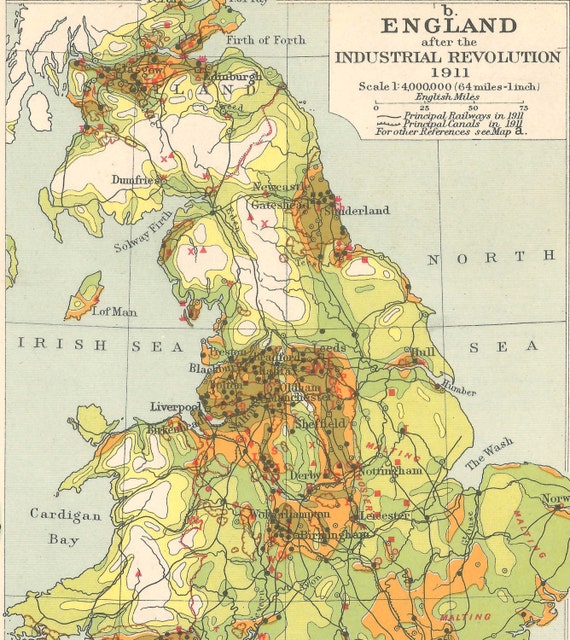 English Industrial Revolution Railroads Map 1911 MAP ~ ENGLAND