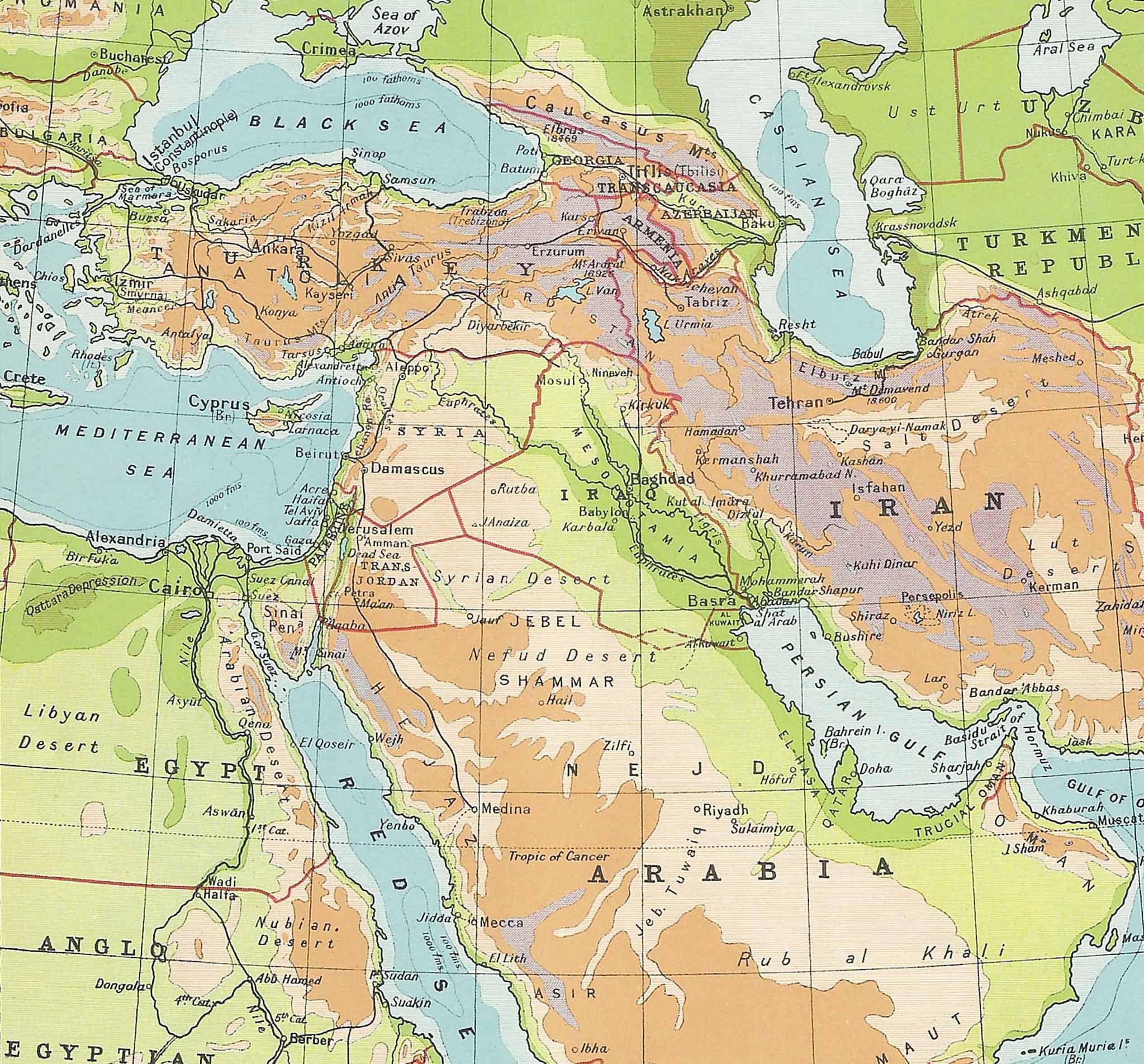 Physical Map Of Middle East