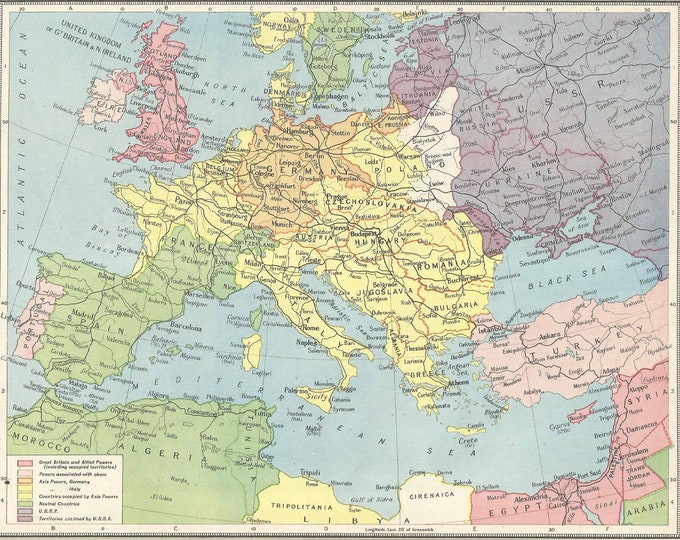 Wartime Map Central Europe World War Two 1940s Travel Adventure Maps ...