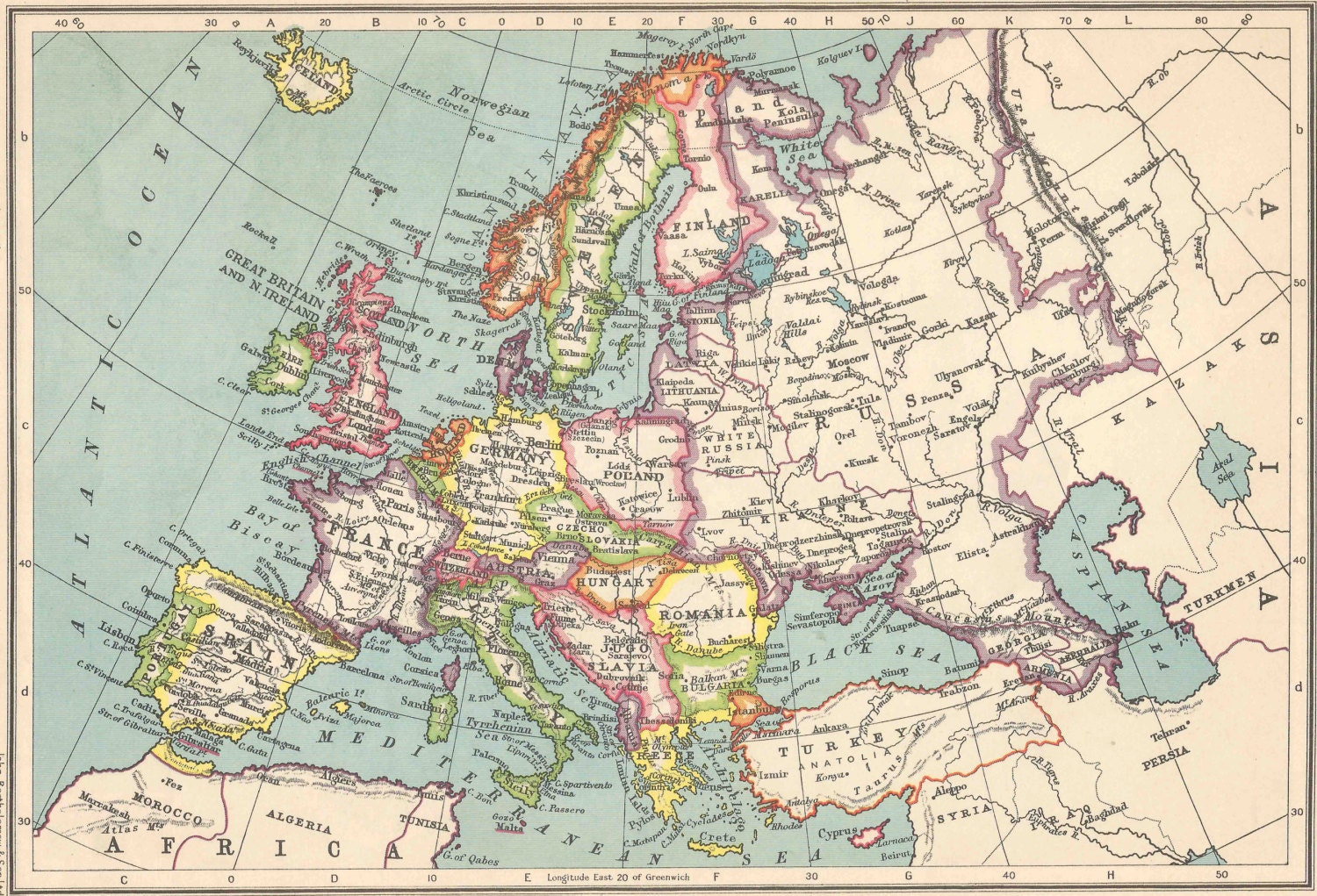 Europe, Physical Maps 1930s Travel Adventure Maps for Home Decor ...