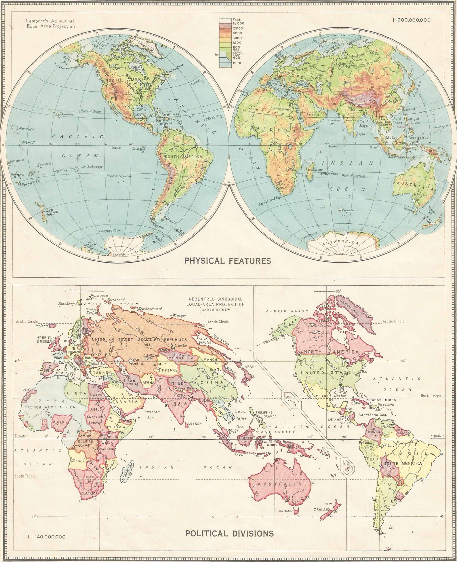 World Map Sinusoidal Projection 1940s Travel Adventure Maps for Home ...