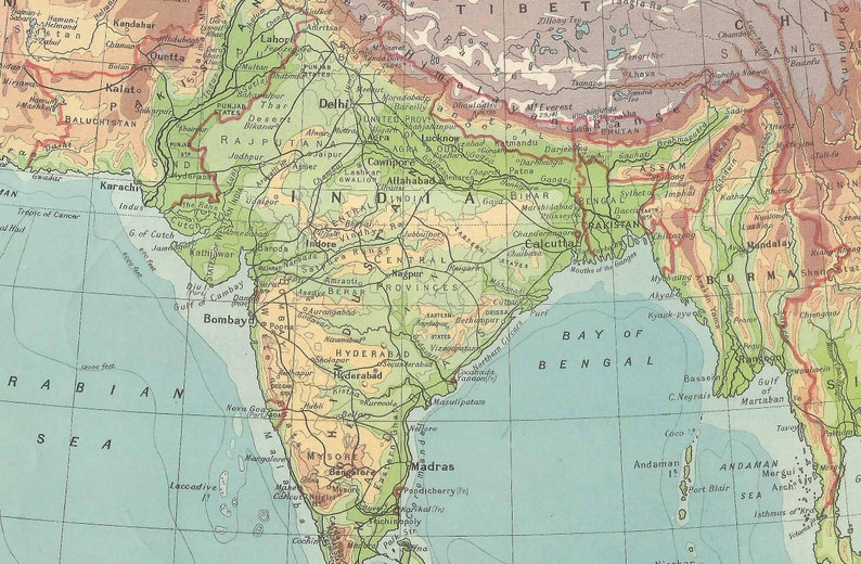 Vintage Map of India 1940s Vintage Map of India, Pakistan, Burma Wall ...