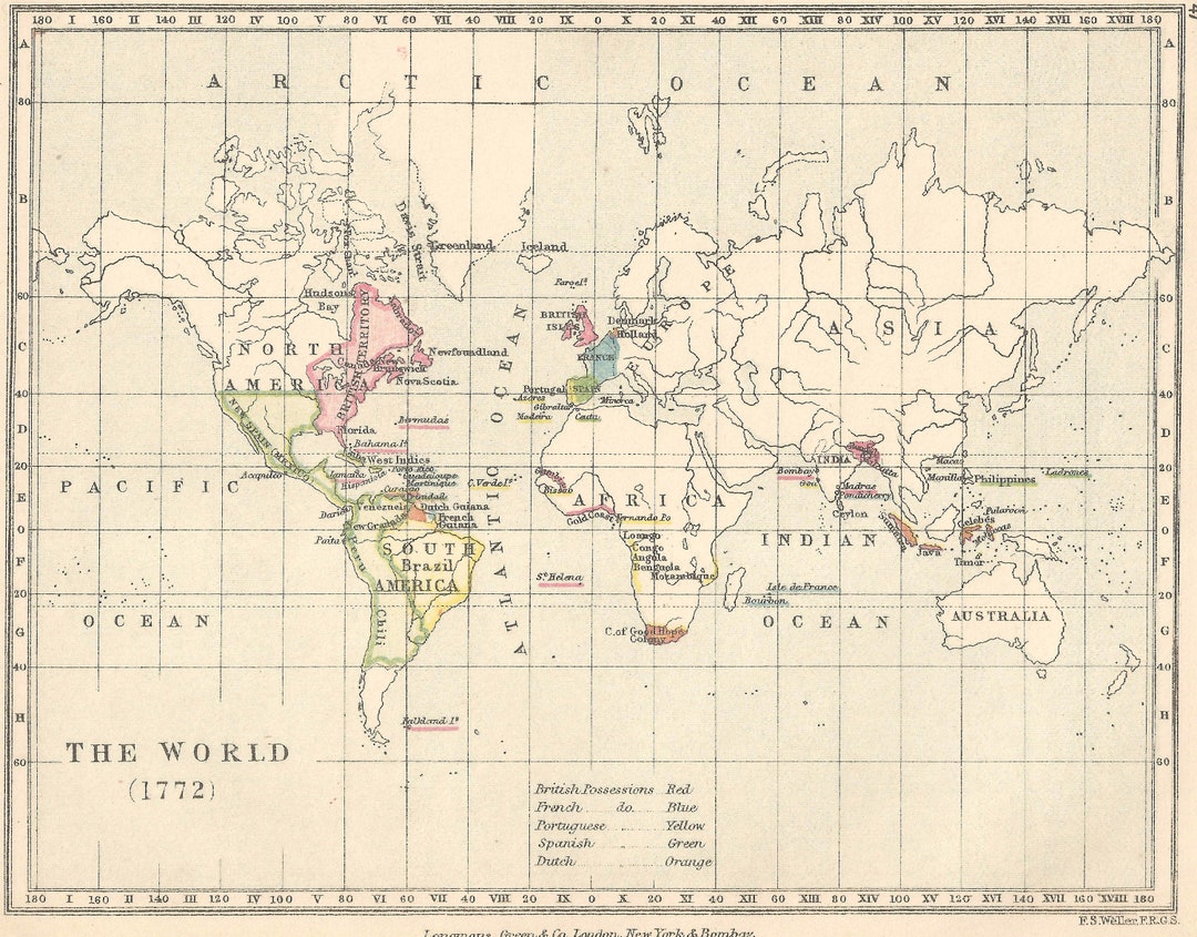 Colonial Era 1772 World Map Antique Maps Published 1914 Gift Historical ...