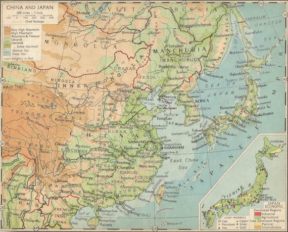 Japan and China Antique map 1940s map of the far East Korea | Etsy