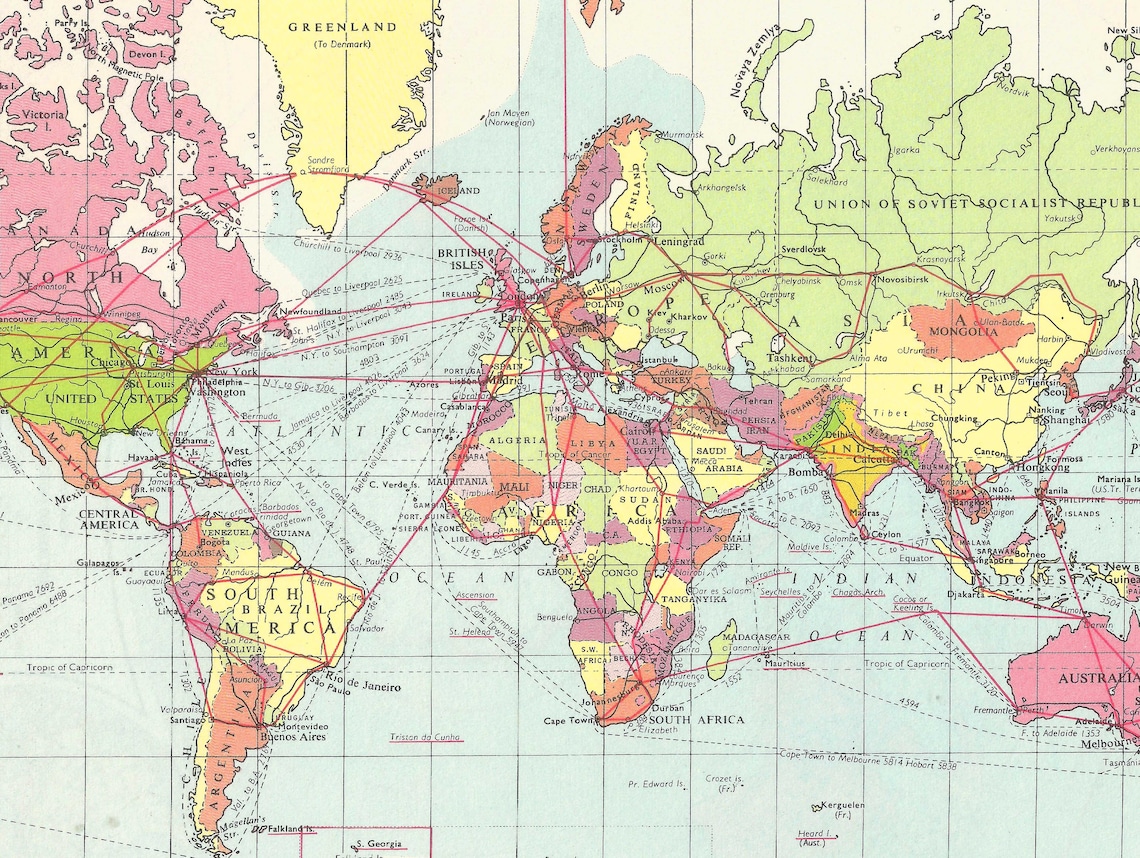 World Map 1950s Showing Airways and Searoutes Map Antique Home Decor ...
