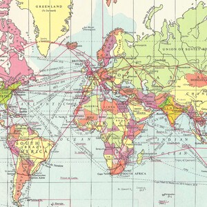 World Map 1950s Showing Airways and Searoutes Map Antique Home Decor ...