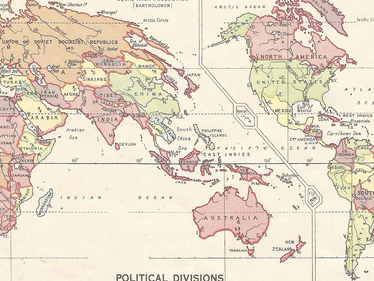 World Map Sinusoidal Projection 1940s Travel Adventure Maps for Home ...