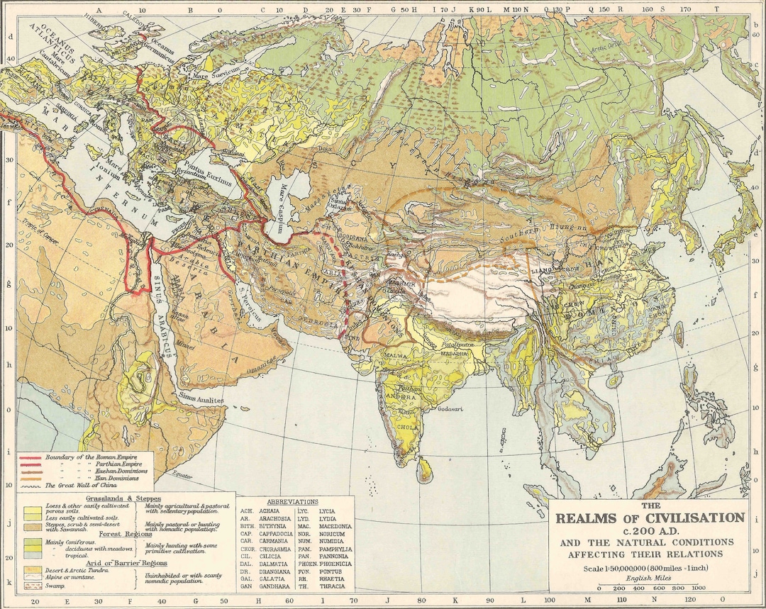 Wordls Map 200 AD Roman Empire China India Political Map Antique Home ...