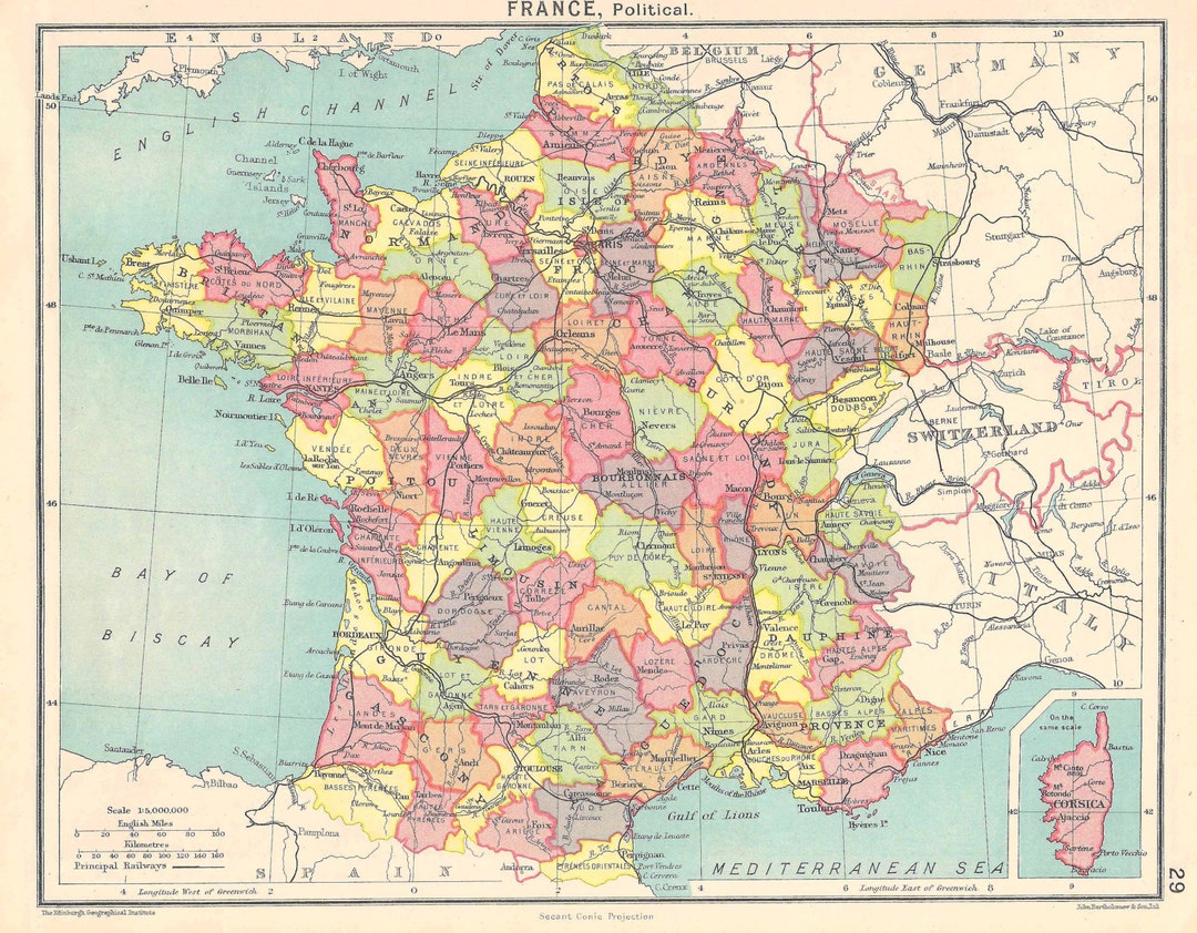 France Political Map 1920s Travel Adventure Maps for Home Decor Europe ...