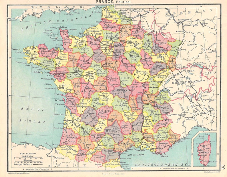 France Political Map 1920s Travel Adventure Maps for Home Decor Europe ...