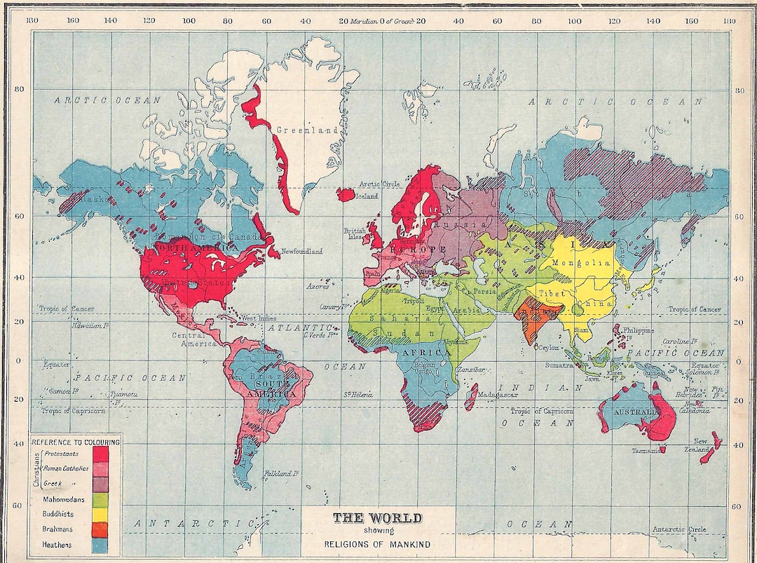 World Religions 1915 Antique Map Diagram Vintage Prints Colour Great ...