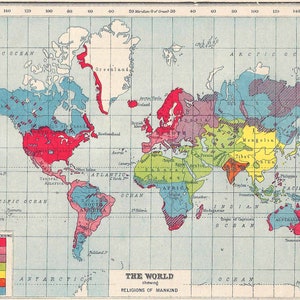 World Religions 1915 Antique Map Diagram Vintage Prints Colour Great ...