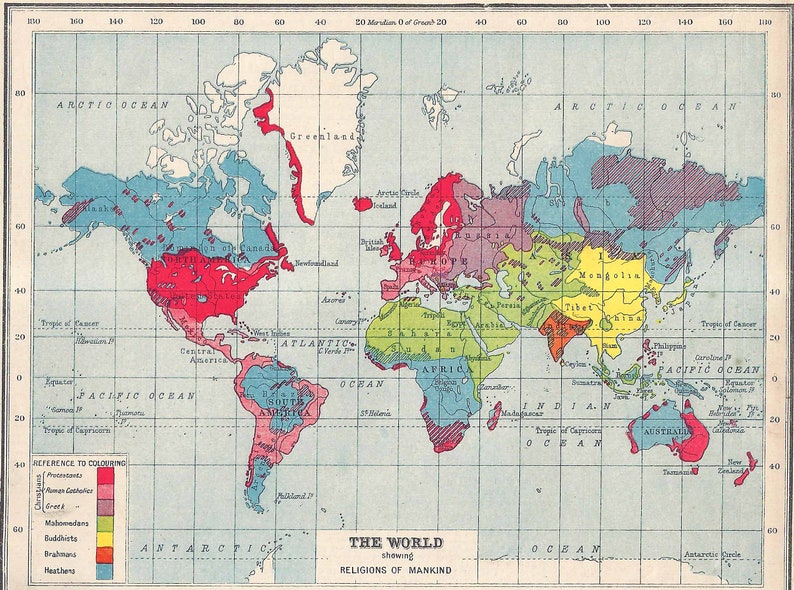 World Religions 1915 Antique Map Diagram Vintage Prints Colour Great ...