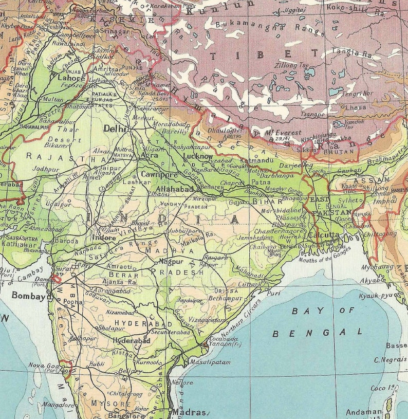 Regions of India 1950s Vintage Map of India, Pakistan, Burma Wall Maps ...