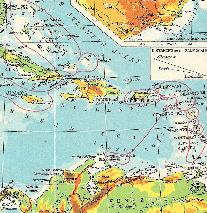 Central America West Indies 1950s Travel Maps for Home Decor Vintage ...