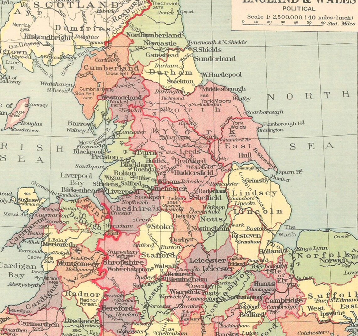 England & Wales 1930s British Isles UK Contour Map Antique Gift Home ...