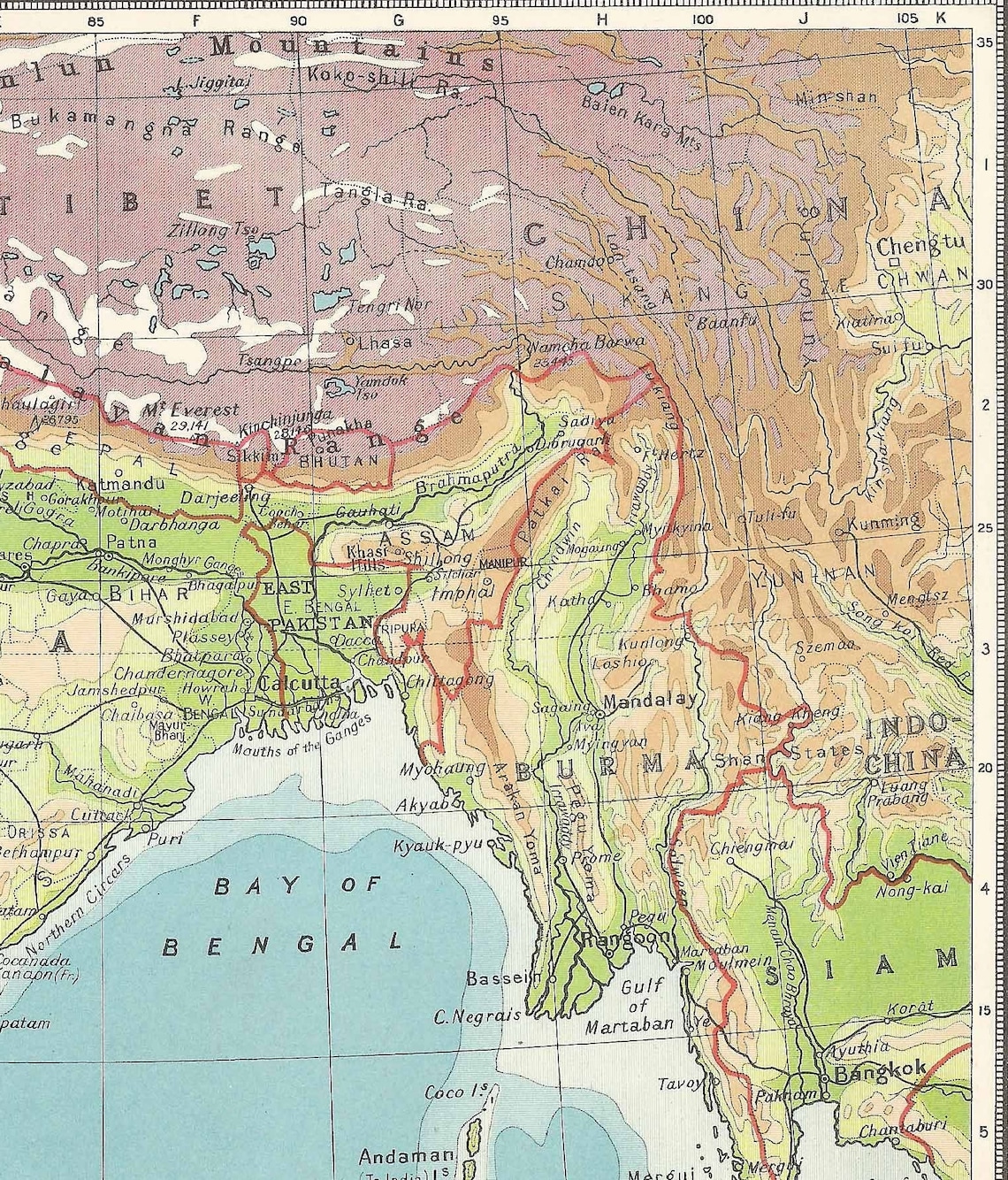 Regions of India 1950s Vintage Map of India, Pakistan, Burma Wall Maps ...