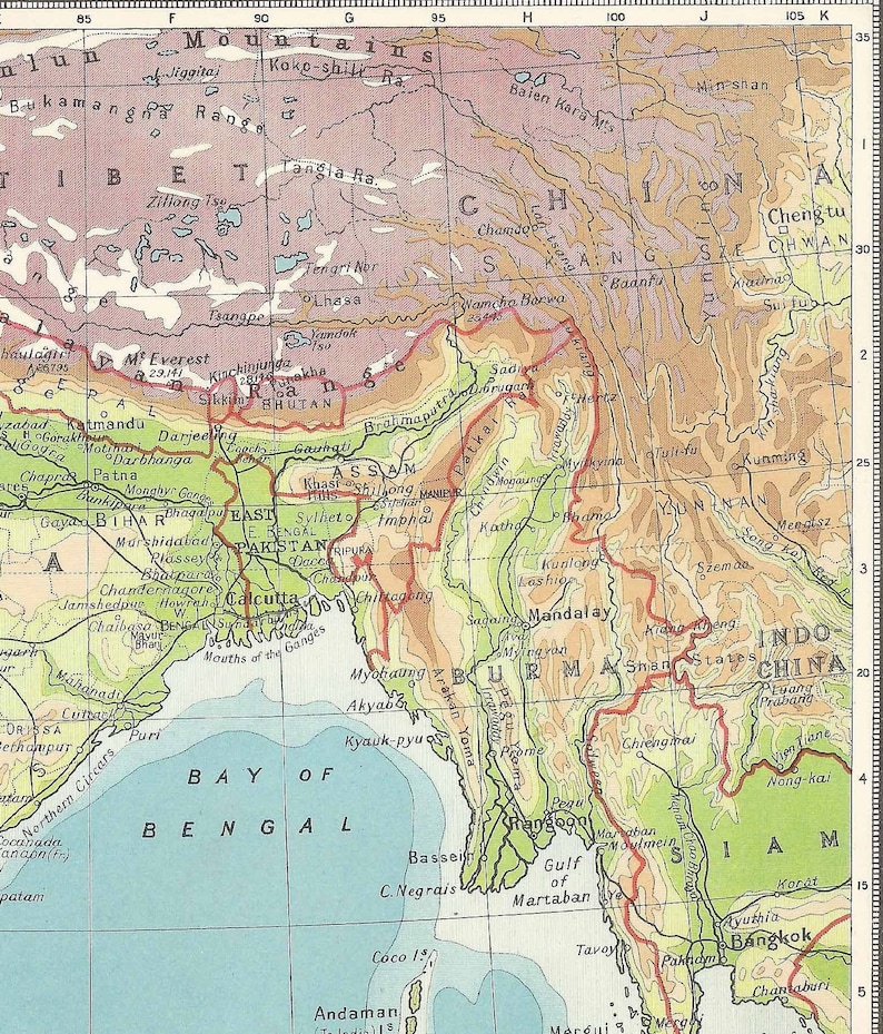 Regions of India 1950s Vintage Map of India, Pakistan, Burma Wall Maps ...