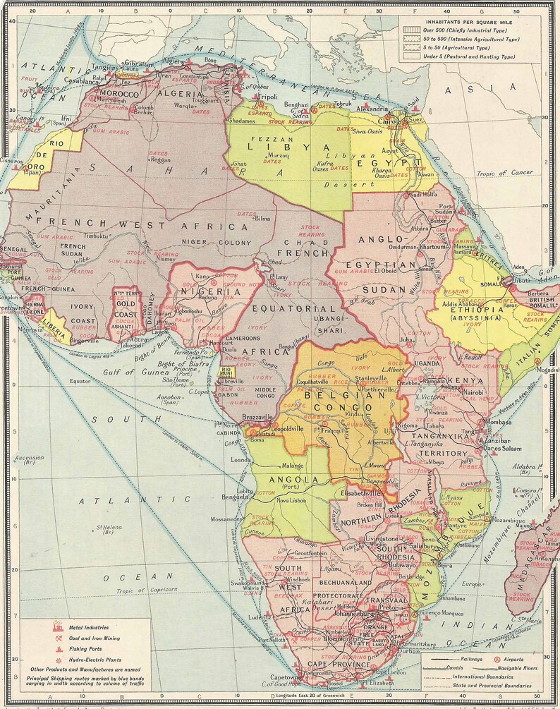 Africa Political, 1940s Colonial Maps Egypt Mococco South Africa ...