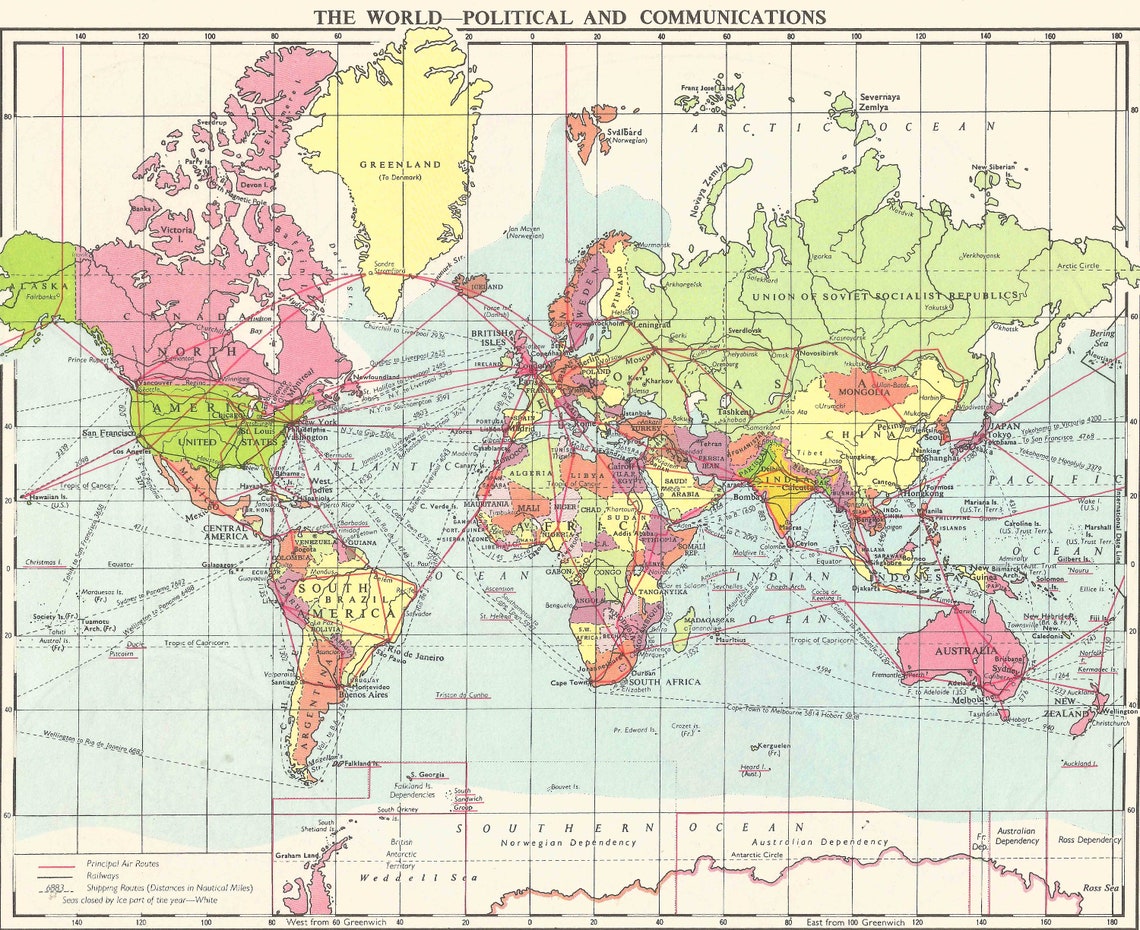 World Map 1950s Showing Airways and Searoutes Map Antique Home Decor ...