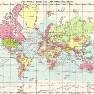 World Map 1950s Showing Airways and Searoutes Map Antique Home Decor ...