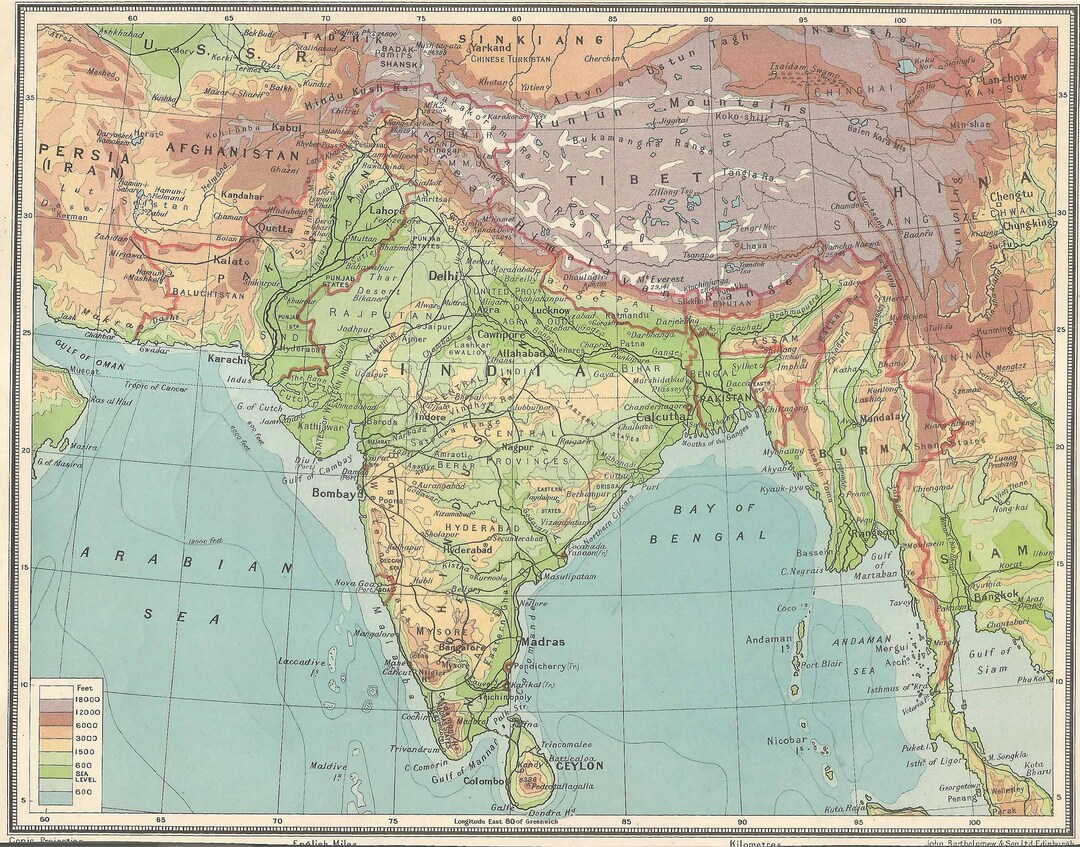 Vintage Map of India 1940s Vintage Map of India, Pakistan, Burma Wall ...