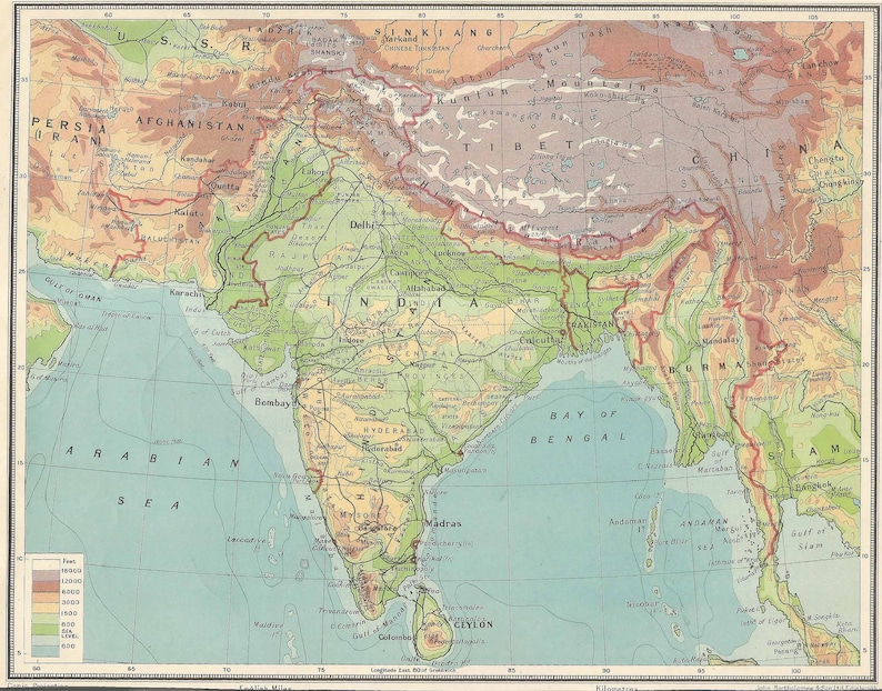 Vintage Map of India 1940s Vintage Map of India, Pakistan, Burma Wall ...