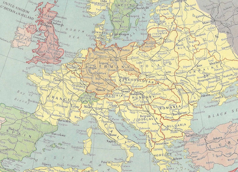 Europe Wartime Map Central World War Two 1940s Travel Adventure Maps ...