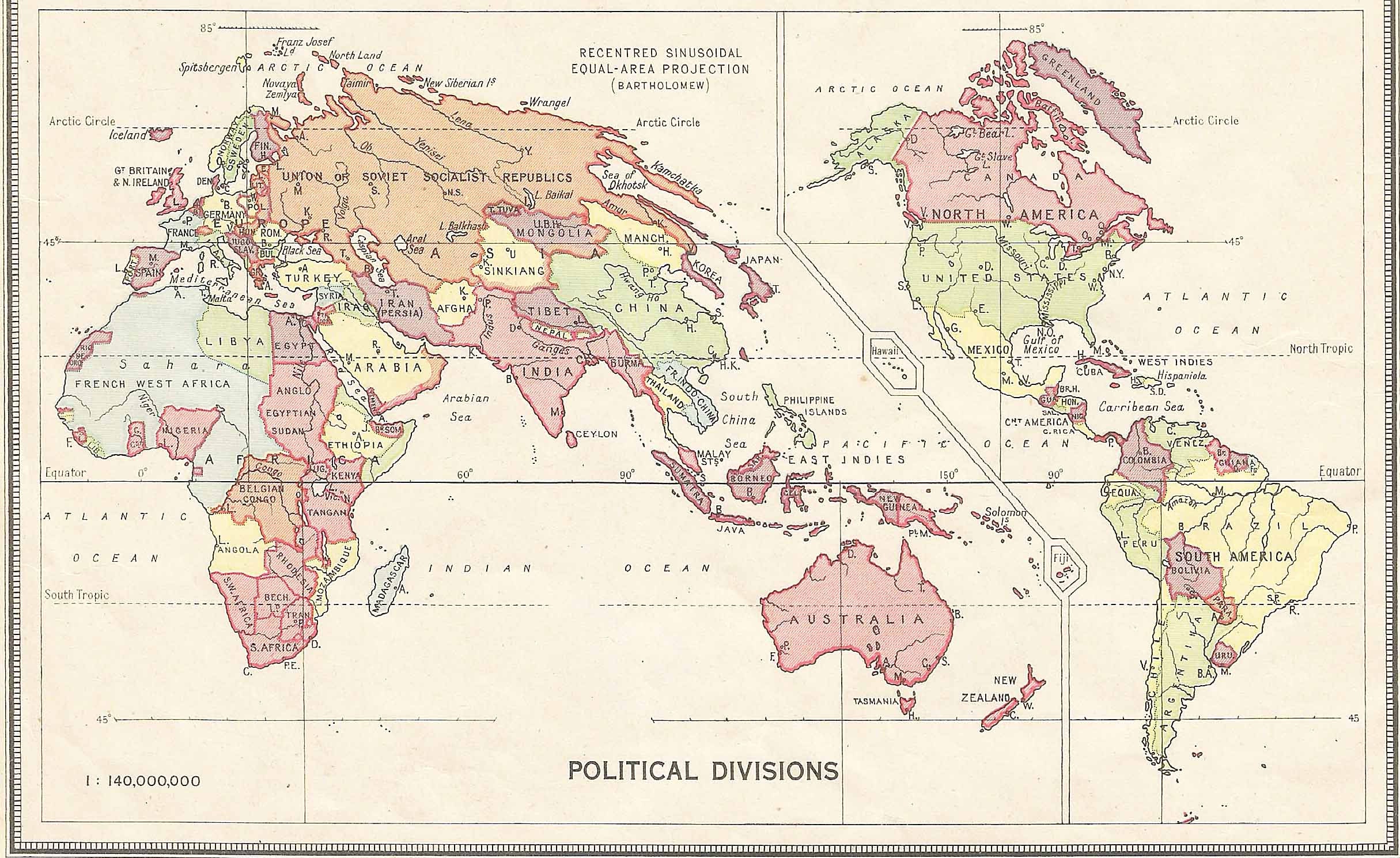 World Map Sinusoidal Projection 1940s Travel Adventure Maps for Home ...