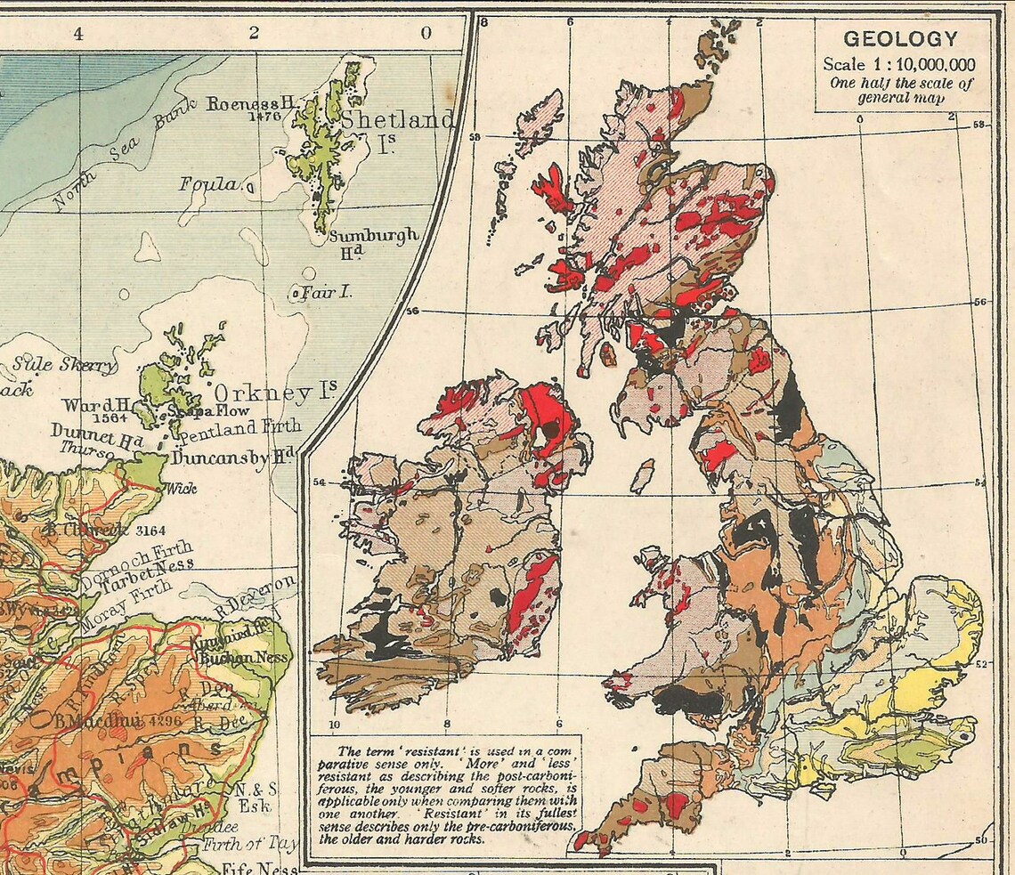 British Isles and Geological Map 1920s Travel Adventure Maps for Home ...
