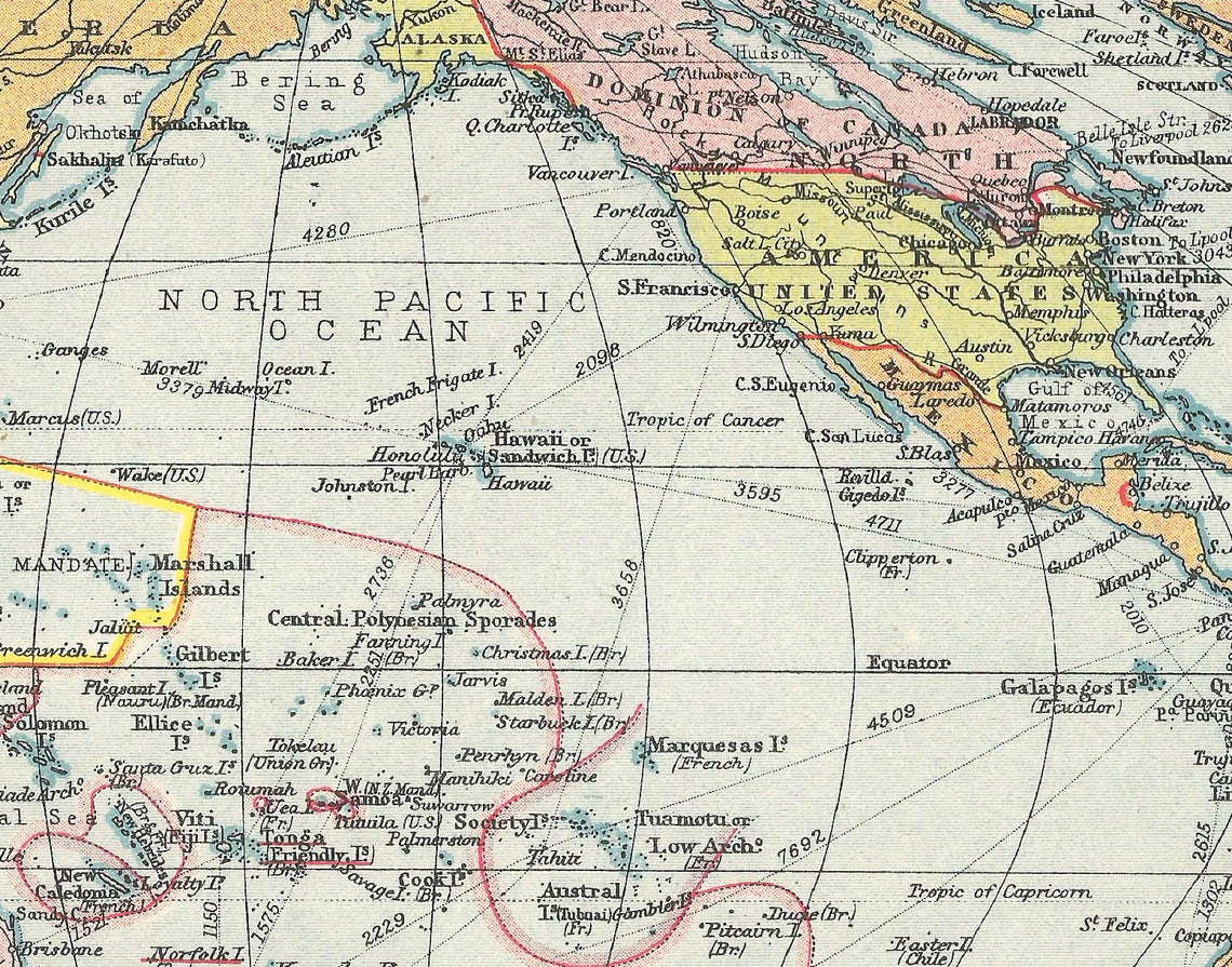 Pacific Ocean Map 1940s Vintage Maps Lithograph Prints Home Decor ...