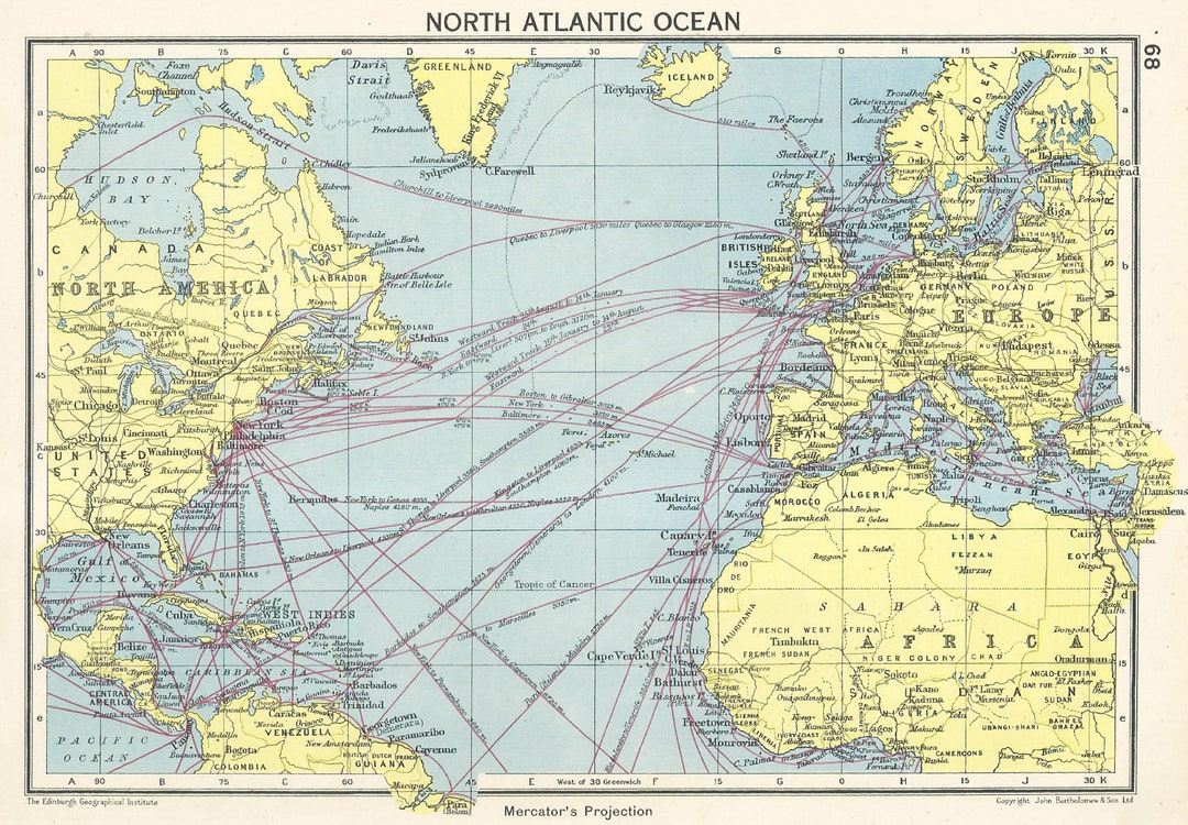 North Atlantic Ocean Map Vintage 1943 Home Decor Lithograph Prints Old ...