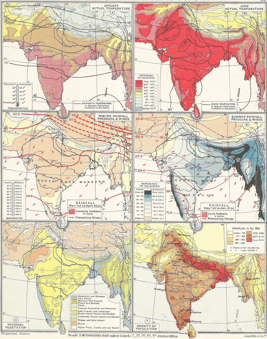 Indian Monsoon Season Climate Map 1930s Weather Map for Home Decor ...