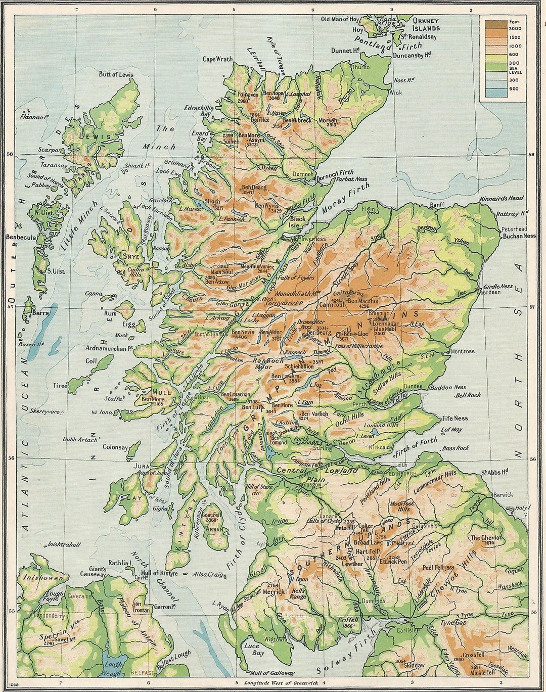 Antique Map Scotland Topographical Highlands of Scotland Contour Map ...