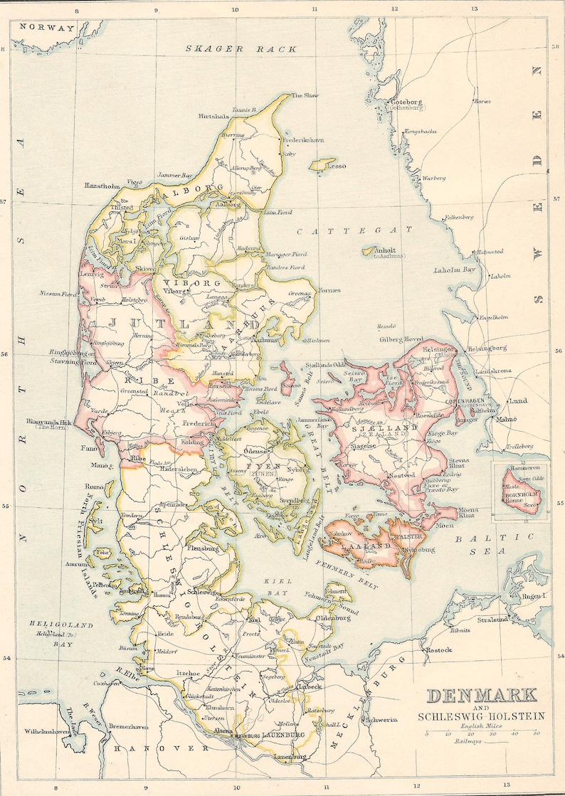 Denmark 1800s Antique Maps Europe Old Maps Home Decor Vintage Prints ...