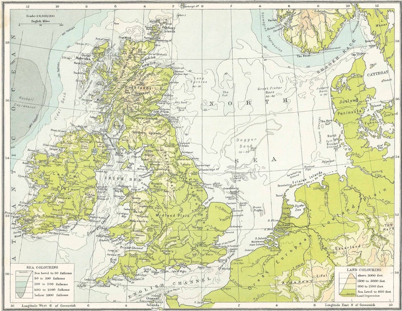 British Isles 1920s British Isles UK Contour Map Antique Gift Home ...