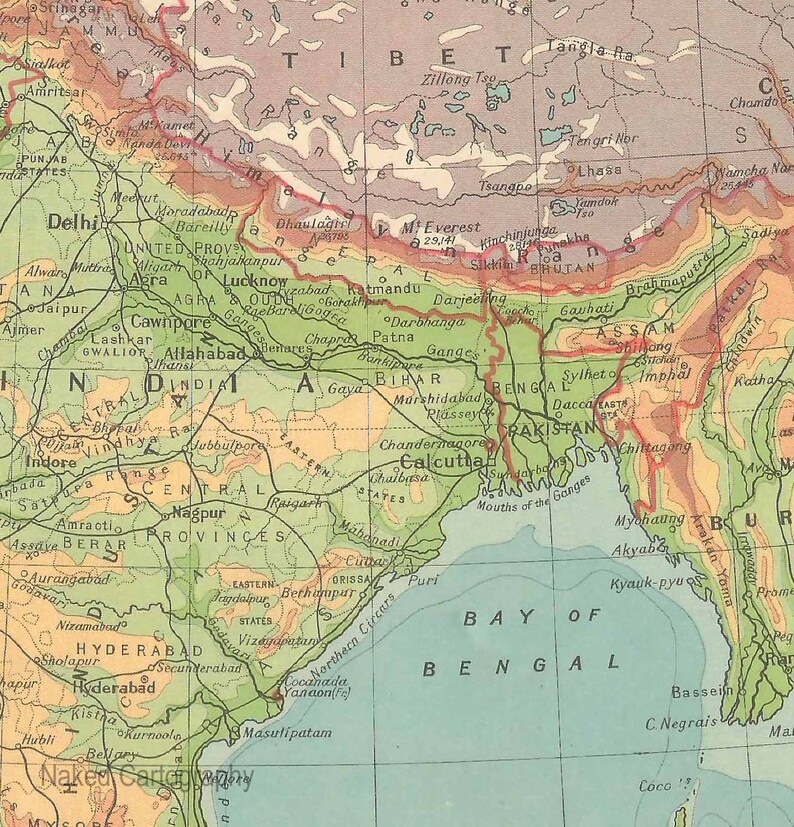 India, Burma and Ceylon 1940s Map Travel Adventure Maps for Home Decor ...