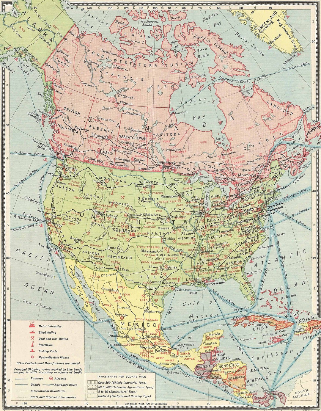 United States Map North America 1940s Vintage Map Home Decor Art Travel ...