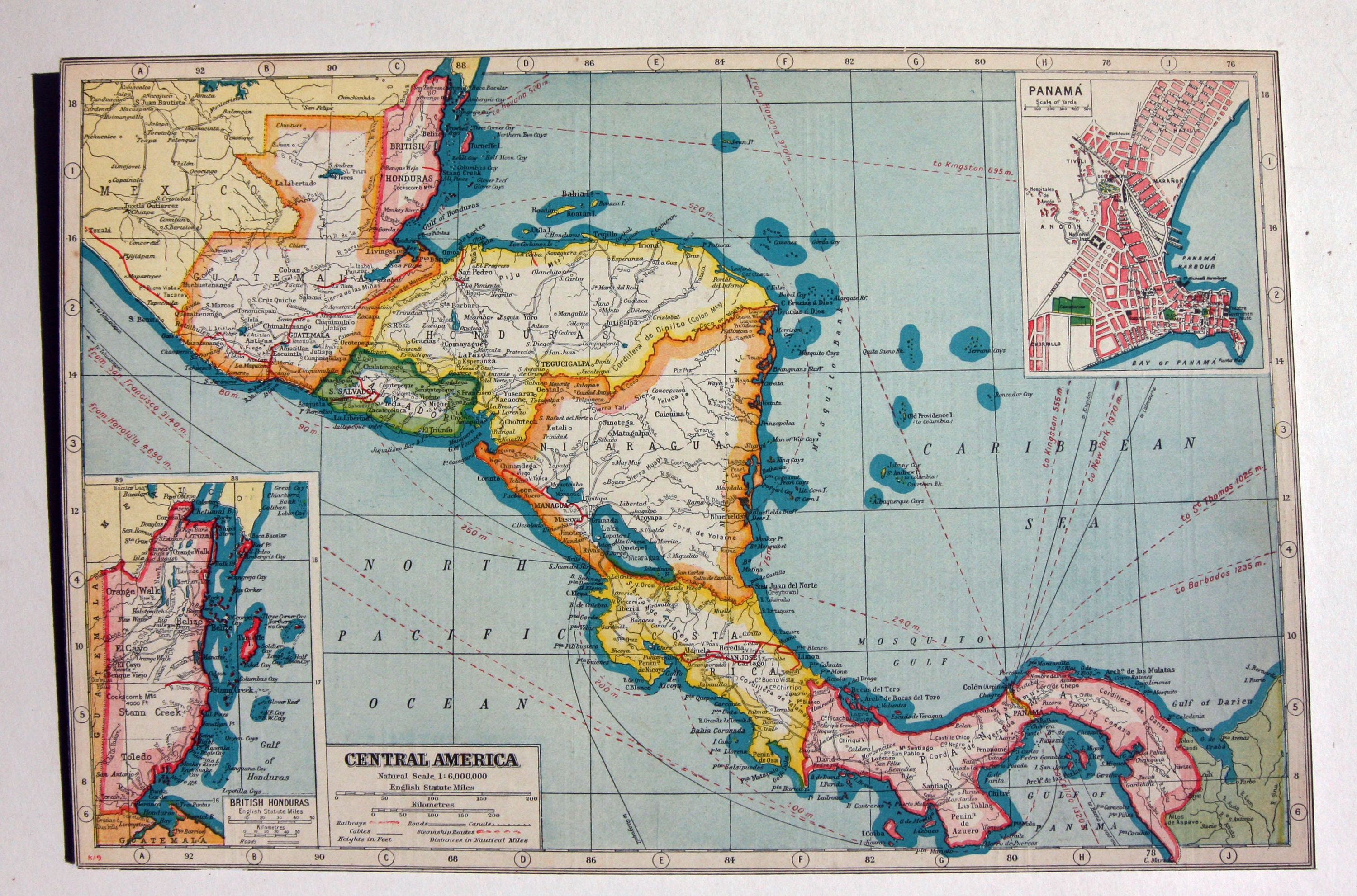 Central America Travel Antique City Map 1920s Large Gifting Panama ...
