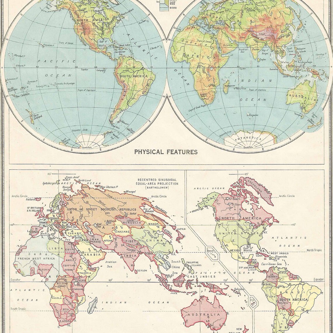 World Map Sinusoidal Projection 1940s Travel Adventure Maps for Home ...